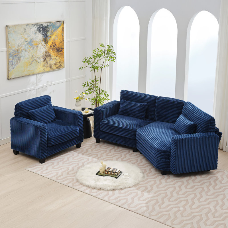 Ebern Designs Redenius Curved Corduroy Living Room Sofa Set includes 2 Seater plus Single Sofa ...